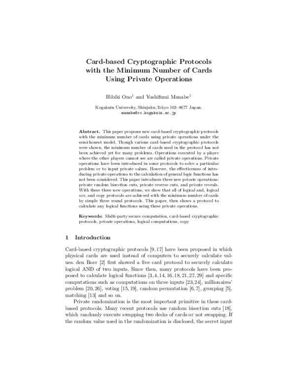 (PDF) Card-Based Cryptographic Protocols with the Minimum Number of Cards Using Private Operations