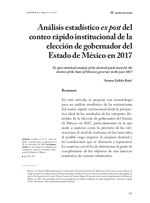 (PDF) An\'alisis estad\'istico ex post del conteo r\'apido institucional de la elecci\'on de ...