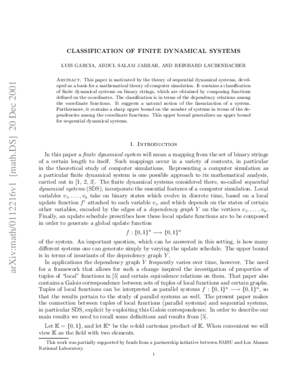 Pdf Classification Of Finite Dynamical Systems On Binary Strings
