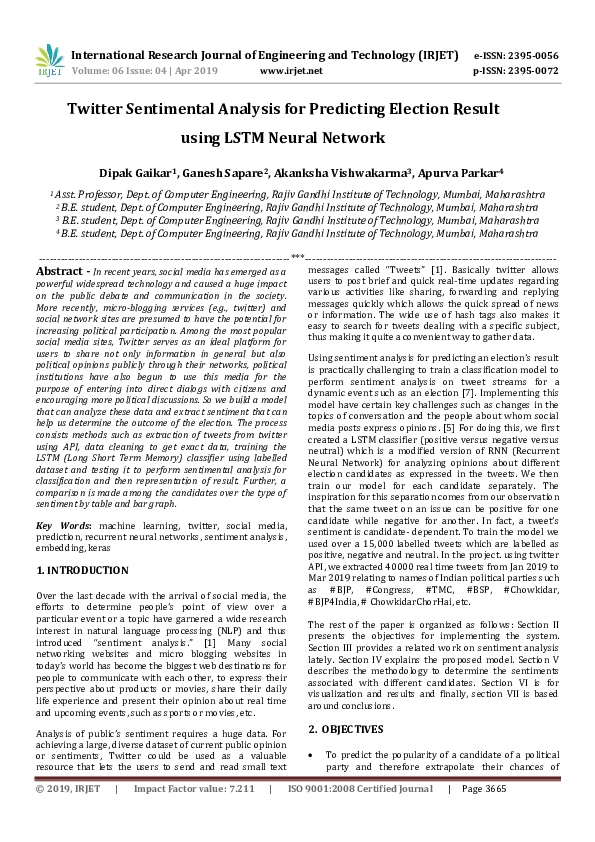 Pdf Twitter Sentimental Analysis For Predicting Election Result Using Lstm Neural Network