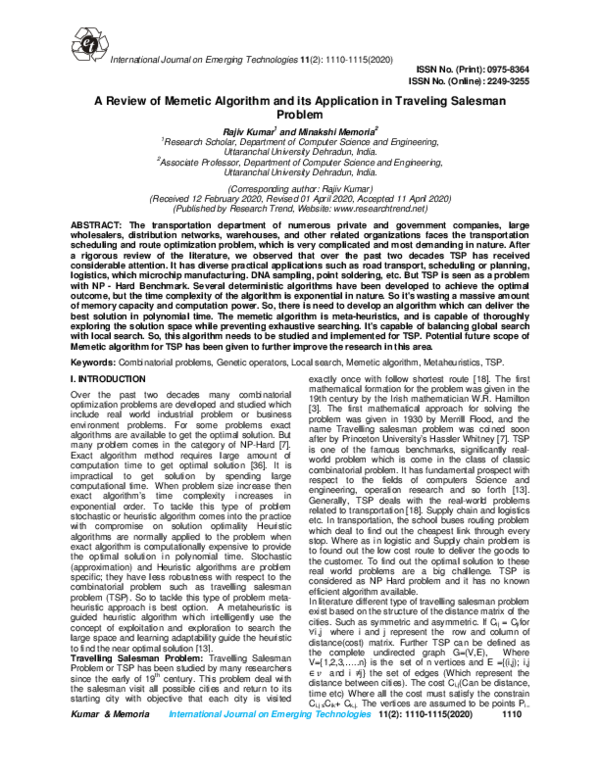 (PDF) A Review of Memetic Algorithm and its Application in Traveling Salesman Problem