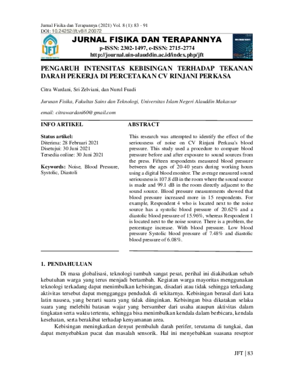 (PDF) Pengaruh Intensitas Kebisingan Terhadap Tekanan Darah Sebelum Dan Setelah Bekerja DI ...