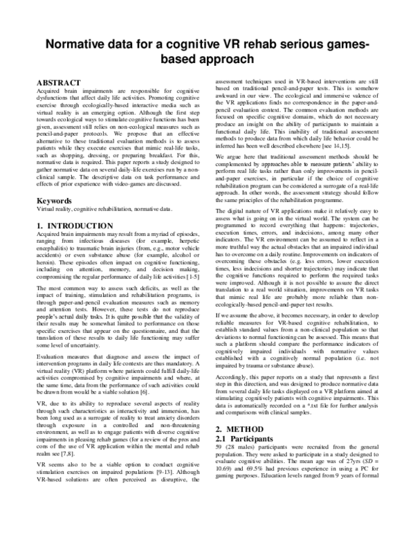 (PDF) Normative Data for VR-Based Cognitive Rehab Activities