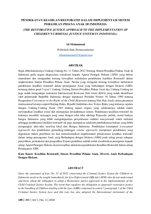 (PDF) The Restorative Justice Approach to the Implementation of Children's Criminal Justice ...
