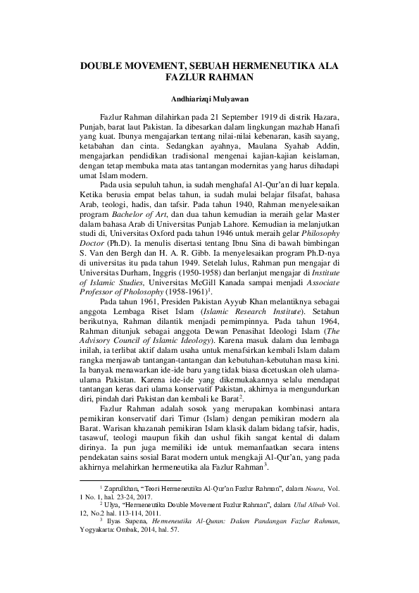 (PDF) DOUBLE MOVEMENT, SEBUAH HERMENEUTIKA ALA FAZLUR RAHMAN
