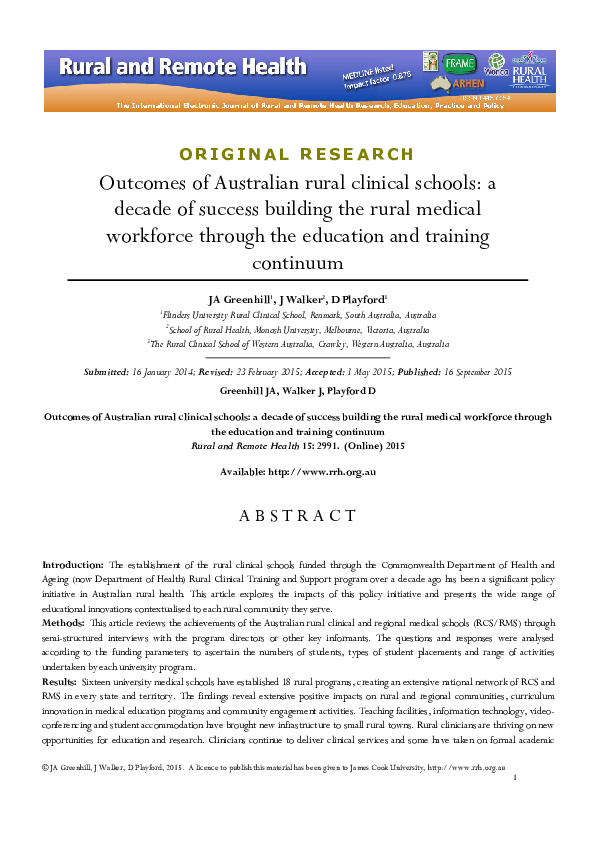 (PDF) Outcomes of Australian rural clinical schools: a decade of ...