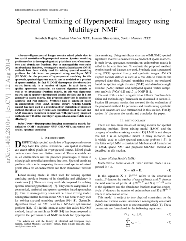 (PDF) IEEE GEOSCIENCE AND REMOTE SENSING LETTERS 1 Spectral Unmixing of Hyperspectral Imagery ...
