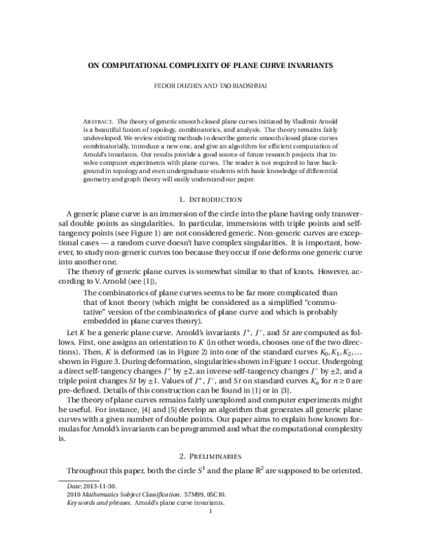 (PDF) On computational complexity of plane curve invariants