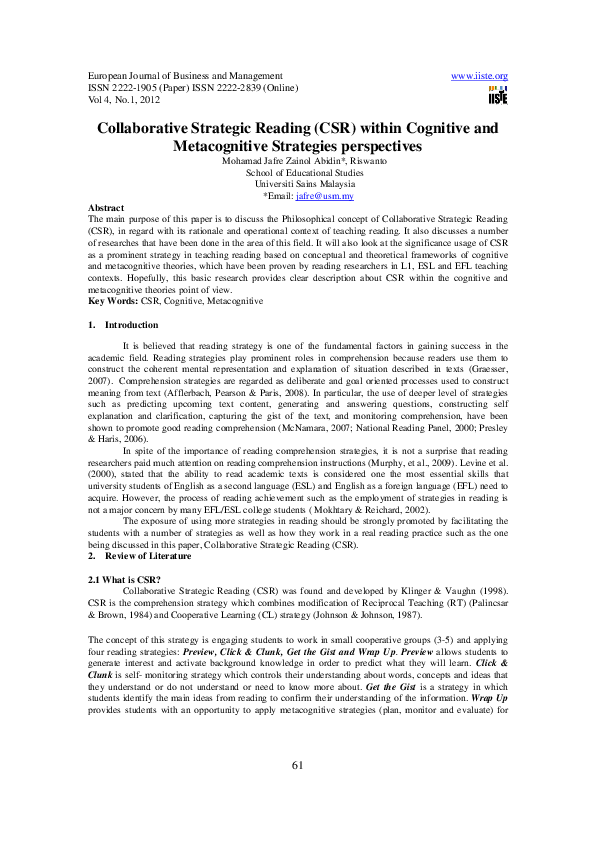 (PDF) Collaborative Strategic Reading (CSR) within Cognitive and ...