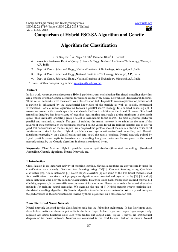 Pdf Comparison Of Hybrid Pso Sa Algorithm And Genetic Algorithm For Classification Alexander