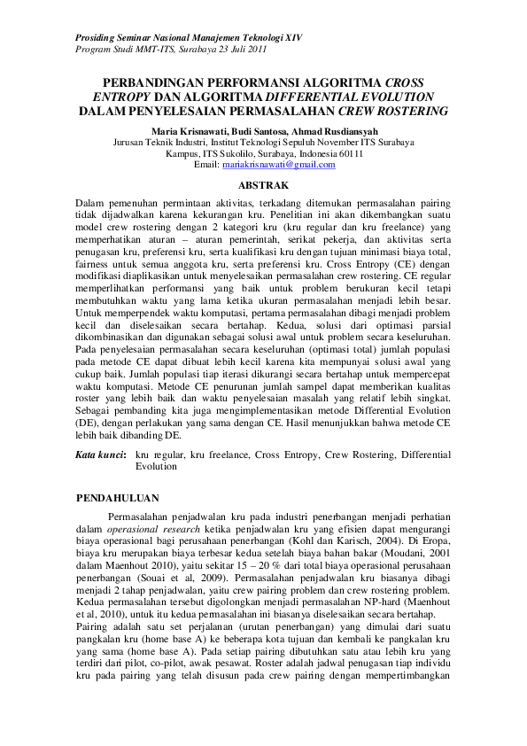 (PDF) Perbandingan Performansi Algoritma Cross Entropy Dan Algoritma Differential Evolution ...