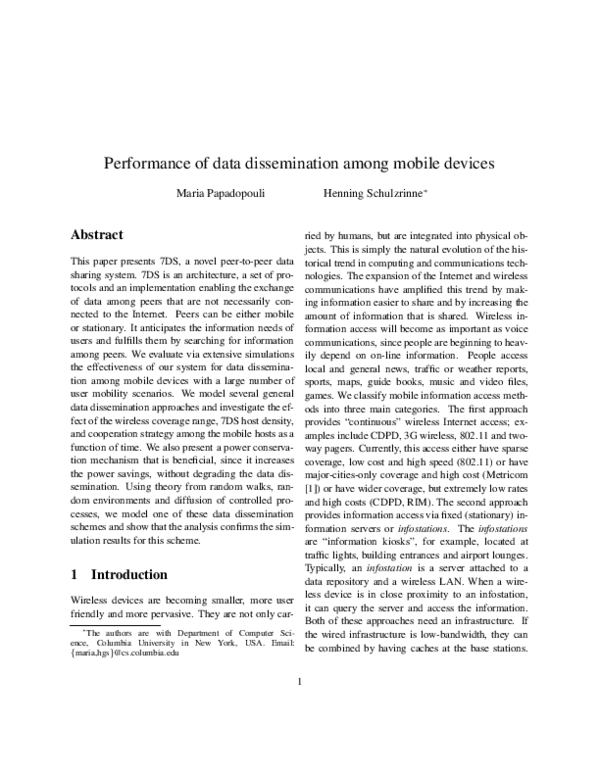 (PDF) Performance of data dissemination among mobile devices (PDF) Performance of data dissemination among mobile devices