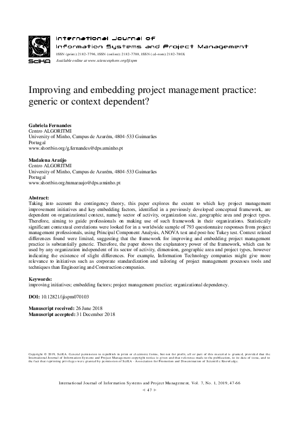 (PDF) Improving and embedding project management practice: generic or context dependent?