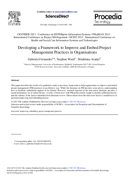 (PDF) Developing a Framework to Improve and Embed Project Management Practices in Organisations