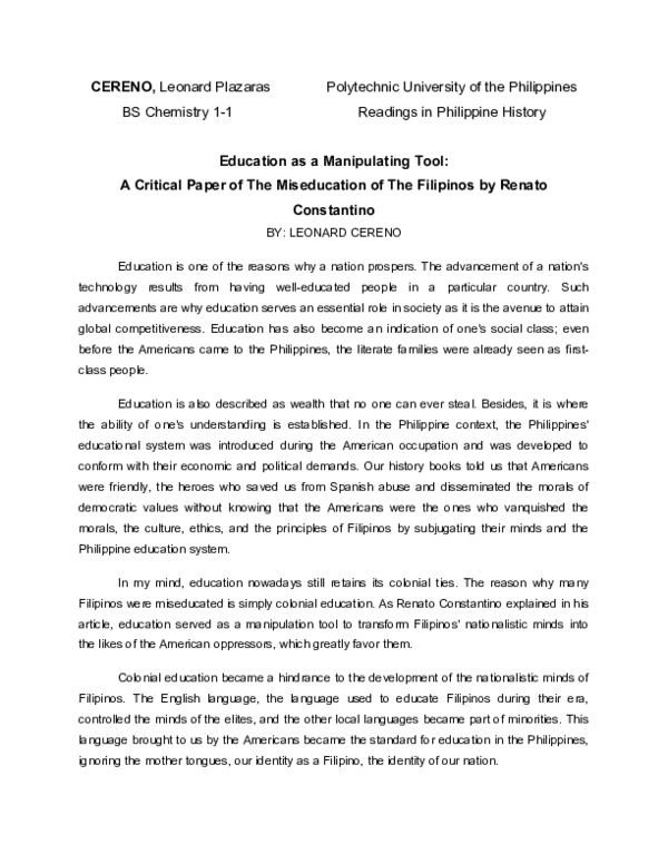 (DOC) Education As A Manipulating Tool: A Critical Analysis of Renato Constantino's The ...