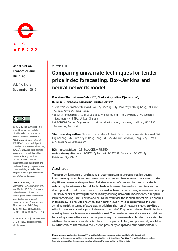 (PDF) Comparing univariate techniques for tender price index forecasting: Box-Jenkins and neural ...