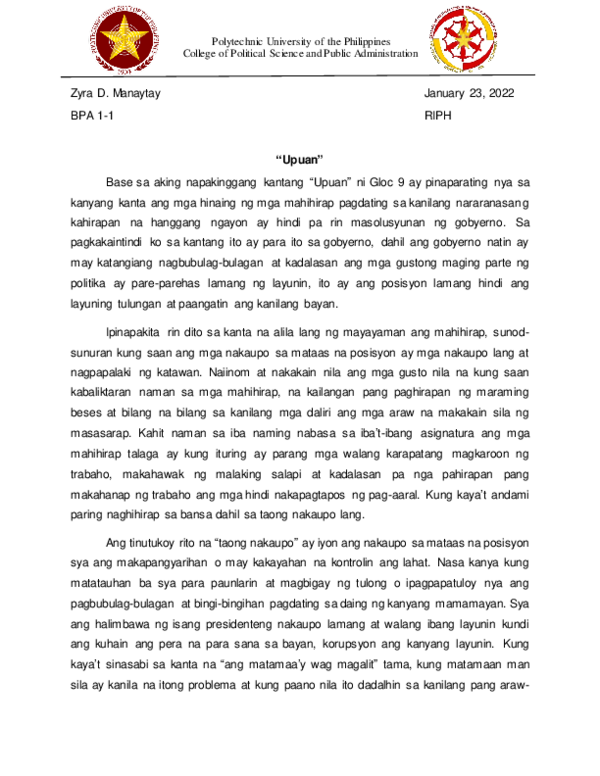 (PDF) [Reflection Paper] "UPUAN" by Gloc 9 ft. Linah Bermudez