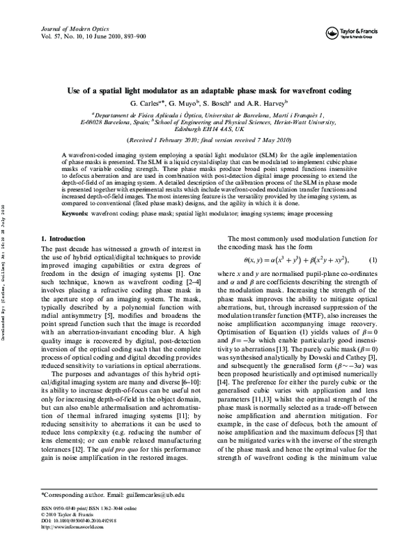 Pdf Use Of A Spatial Light Modulator As An Adaptable Phase Mask For