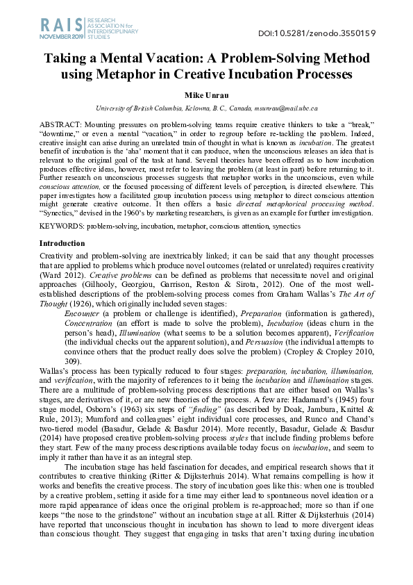 (PDF) Taking a Mental Vacation: A Problem-Solving Method using Metaphor ...