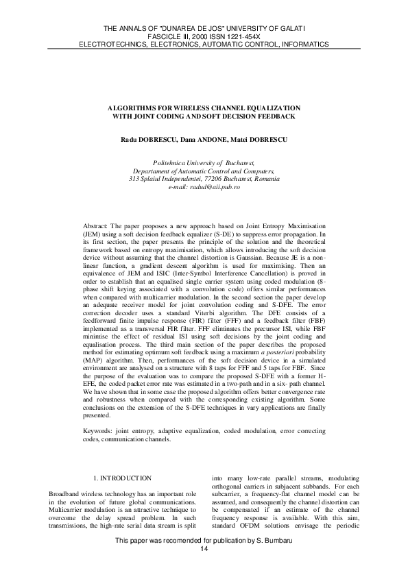 (PDF) Algorithms for Wireless Channel Equalization with Joint Coding and Soft Decision Feedback