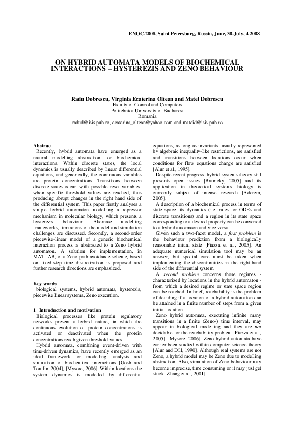 (PDF) On Hybrid Automata Models of Biochemical Interactions - Hysterezis and Zeno Behaviour