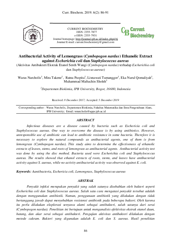 (PDF) Antibacterial Activity of Lemongrass (Cymbopogon nardus) Ethanolic Extract