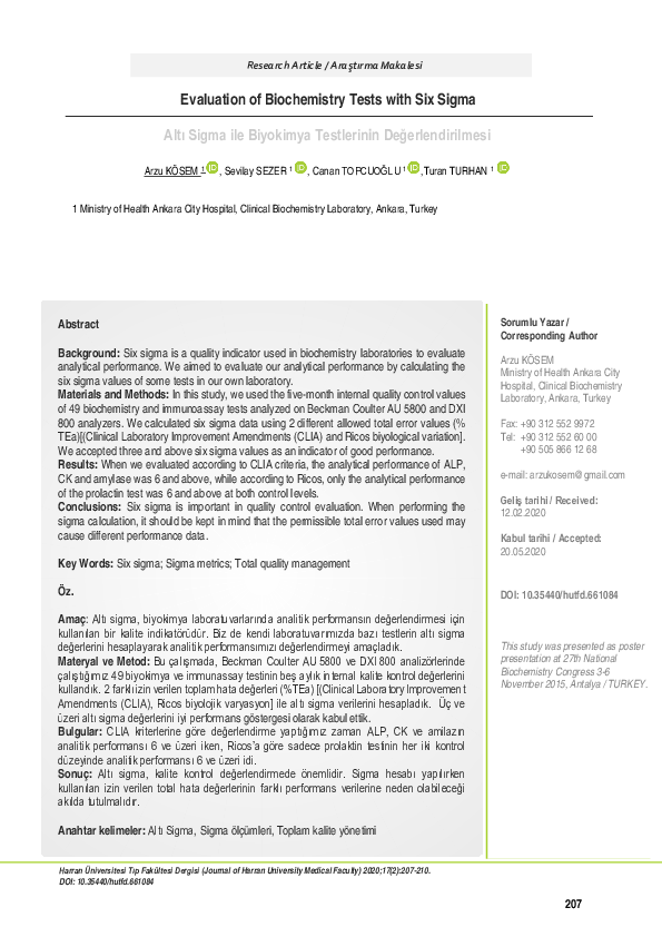 (PDF) Evaluation of Biochemistry Tests with Six Sigma Altı Sigma ile ...