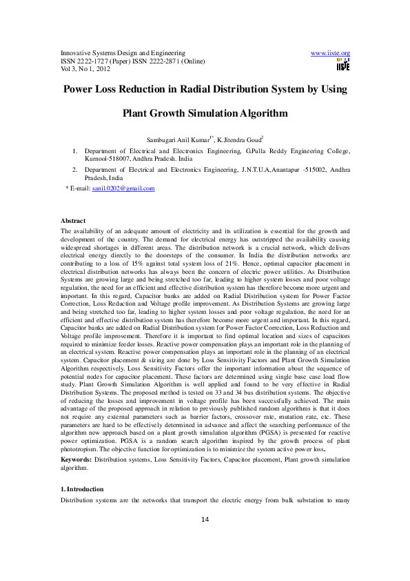 Pdf Power Loss Reduction In Radial Distribution System By Using Plant Growth Simulation Algorithm