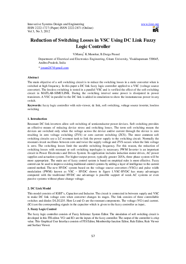 Pdf Reduction Of Switching Losses In Vsc Using Dc Link Fuzzy Logic
