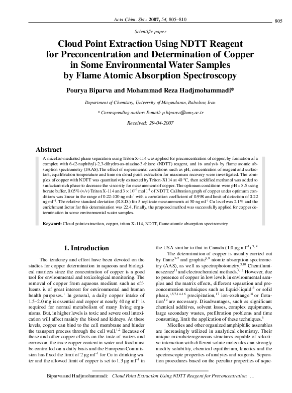 (PDF) Cloud point extraction using NDTT reagent for preconcentration and determination of copper ...