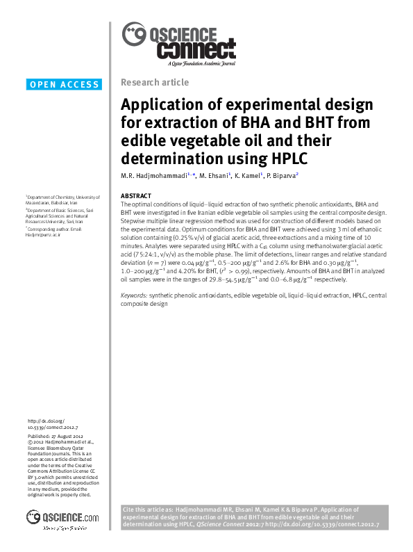 (PDF) Application of experimental design for extraction of BHA and BHT ...