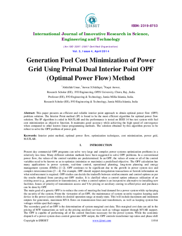 (PDF) Generation Fuel Cost Minimization of PowerGrid Using Primal Dual Interior Point OPF ...