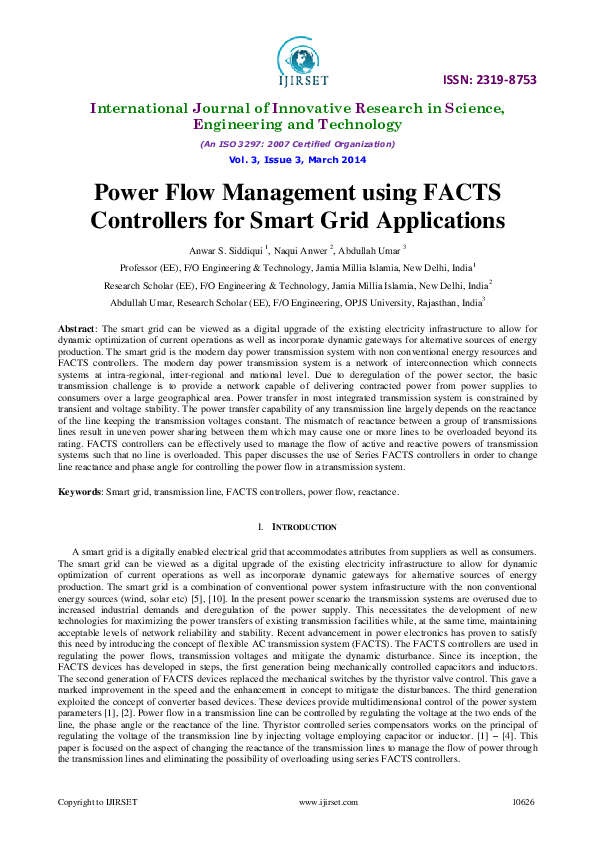 (PDF) Power Flow Management using FACTS Controllers for Smart Grid Applications