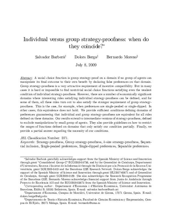 (PDF) Individual versus group strategy-proofness: When do they coincide?