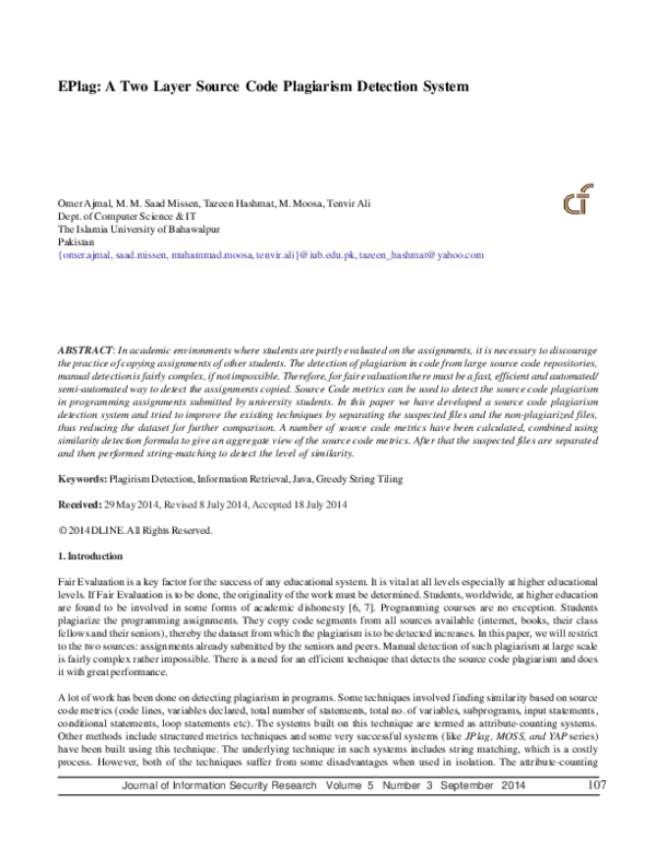 Pdf Eplag A Two Layer Source Code Plagiarism Detection System