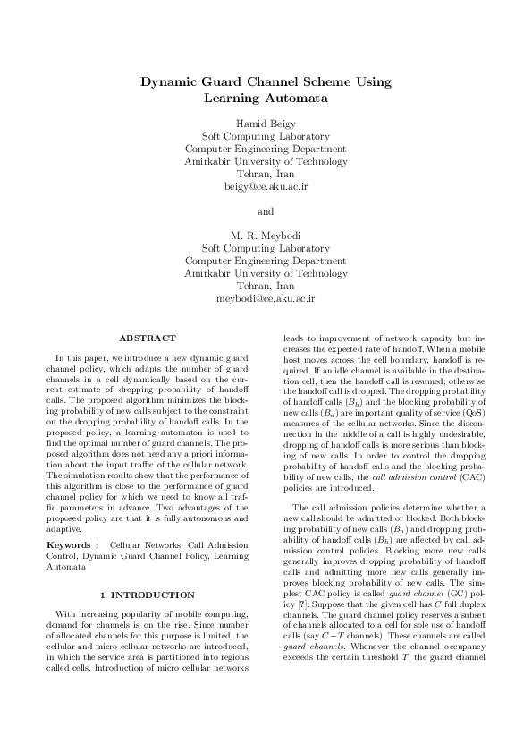 (PDF) Dynamic Guard Channel Scheme Using Learning Automata