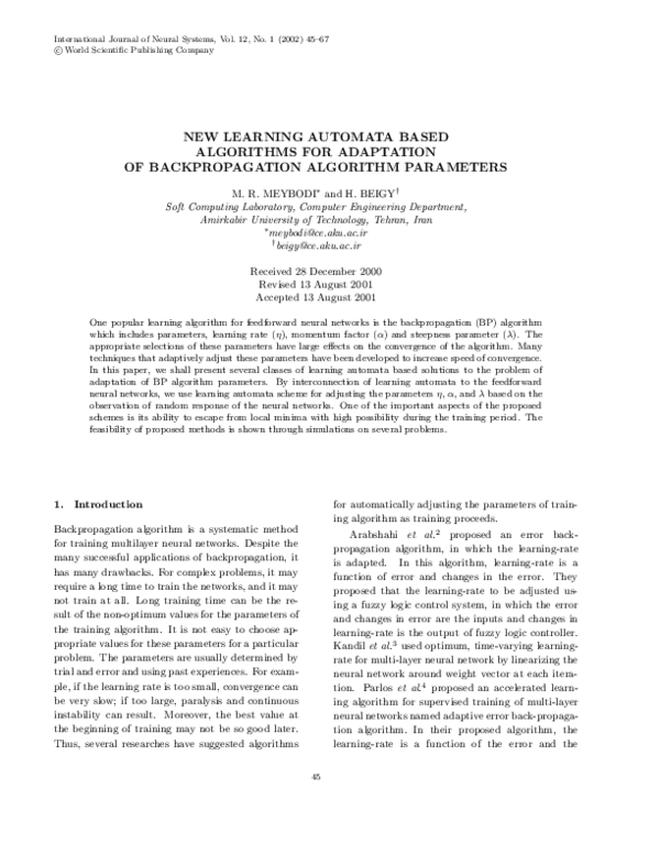 Pdf New Learning Automata Based Algorithms For Adaptation Of Backpropagation Algorithm Parameters