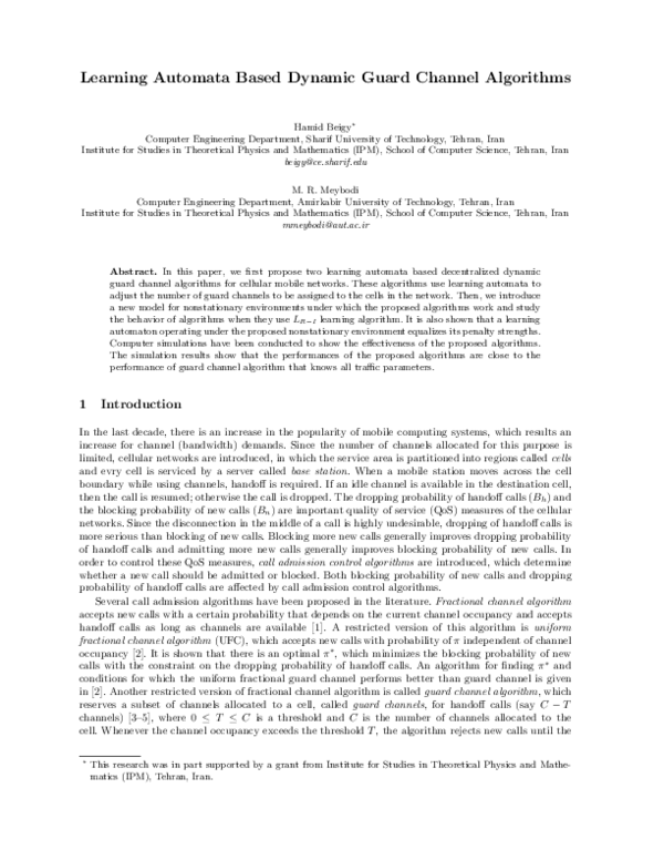 (PDF) Learning automata based dynamic guard channel algorithms (PDF) Learning automata based dynamic guard channel algorithms