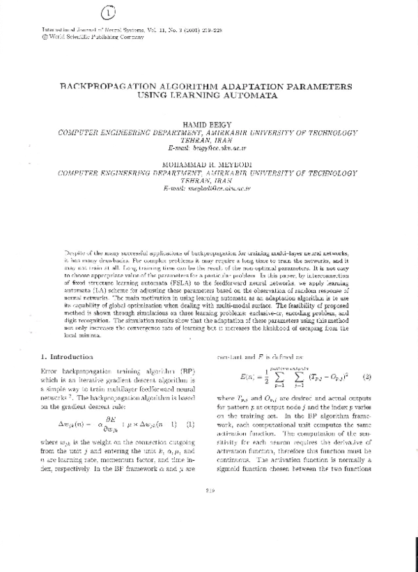 (PDF) Backpropagation algorithm adaptation parameters using learning automata