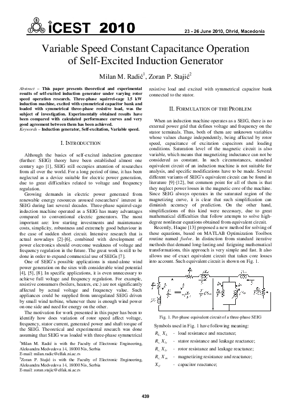 (PDF) Variable Speed Constant Capacitance Operation of Self-Excited ...