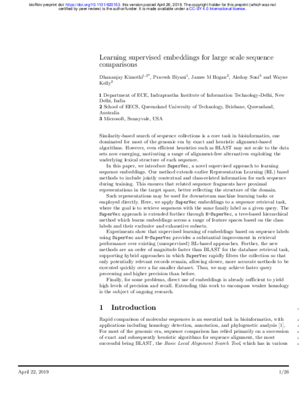 (PDF) Learning supervised embeddings for large scale sequence comparisons