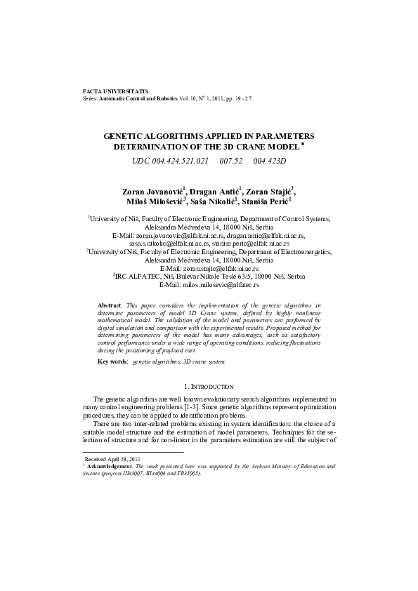 (PDF) Genetic Algorithms Applied in Parameters Determination of the 3D Crane Model
