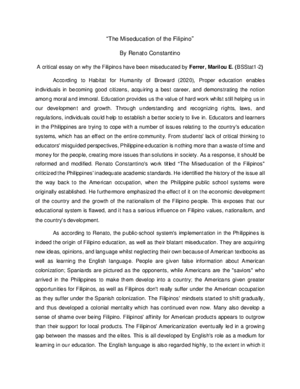 (PDF) "The Miseducation of the Filipino" by Renato Constantino