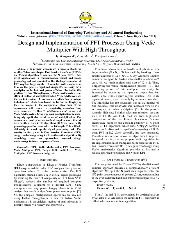 Pdf Design And Implementation Of Fft Processor Using Vedic Multiplier
