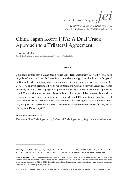 (PDF) China-Japan-Korea FTA: A Dual Track Approach to a Trilateral ...