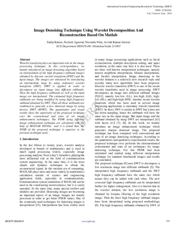 (PDF) Image Denoising Technique Using Wavelet Decomposition And Reconstruction Based On Matlab
