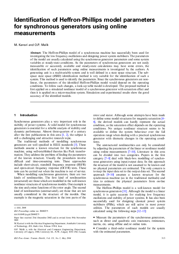 (PDF) Identification of Heffron-Phillips model parameters for synchronous generators using ...