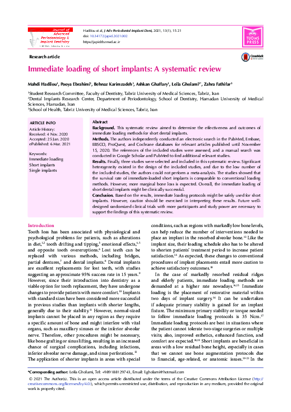 (PDF) Immediate loading of short implants: A systematic review