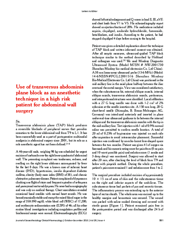 (PDF) Use of transversus abdominis plane block as an anesthetic ...