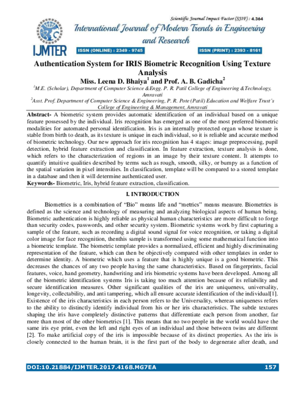 (PDF) Authentication System For IRIS Biometric Recognition Using Texture Analysis